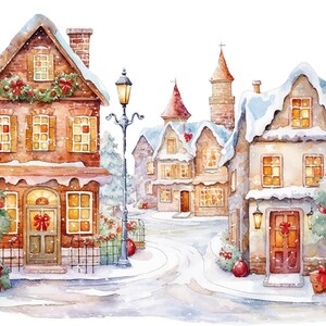Watercolor Festive Gingerbread Village Scene Clipart PNG for Holiday ...