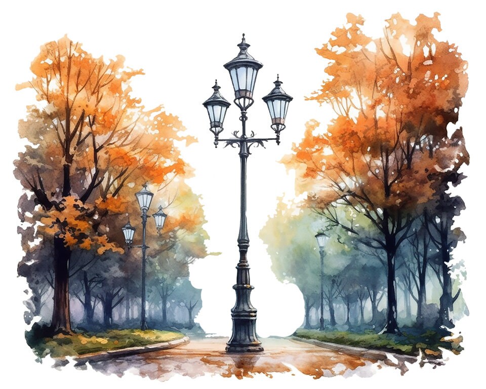 Vintage Watercolor Victorian Lamp Post With Bench Clipart - Fall Scene ...