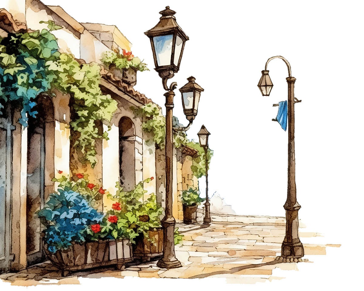 Watercolor Walking Path Lamp Post Clipart Forest Path With Flowers ...