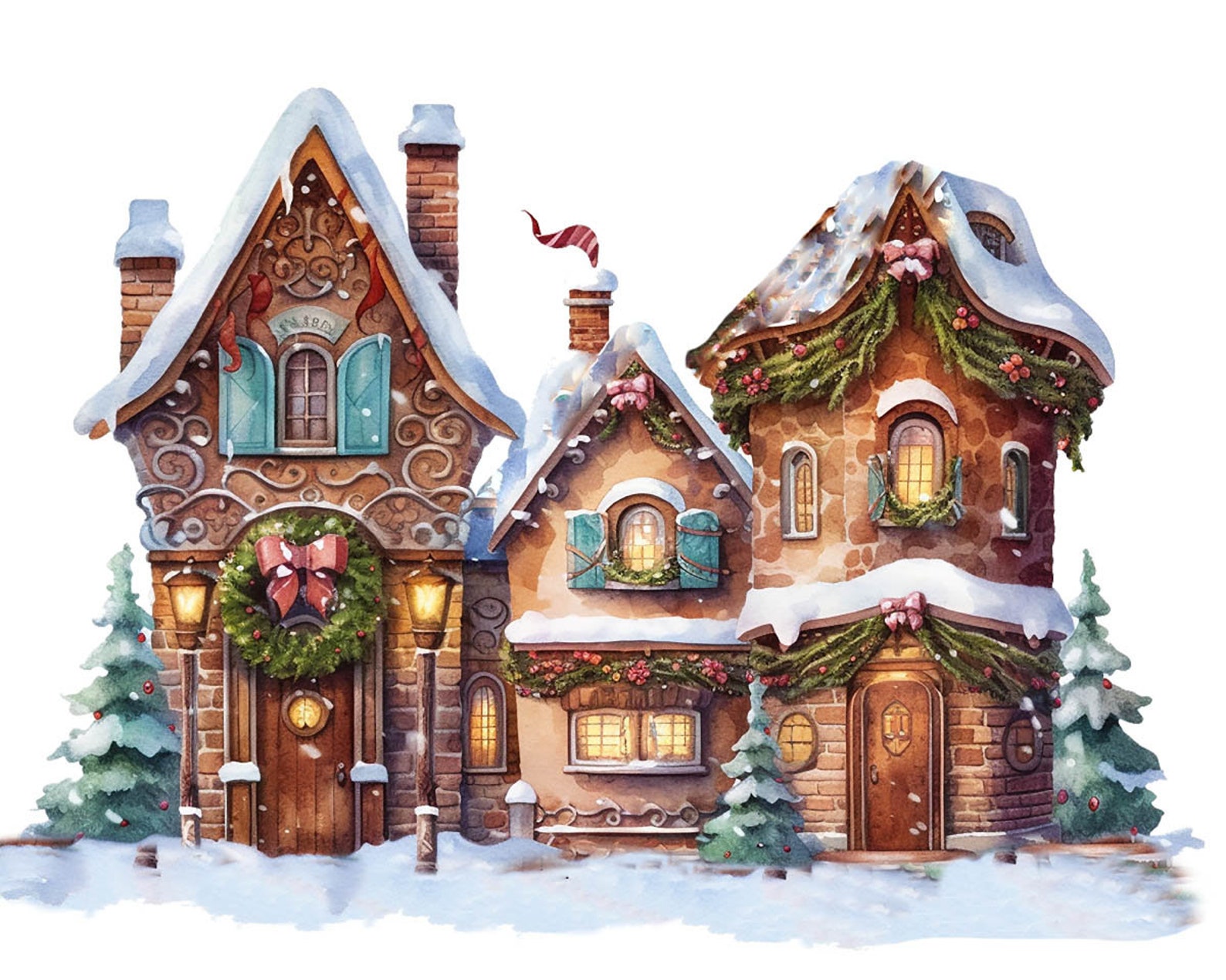 Watercolor Festive Gingerbread Village Scene Clipart PNG for Holiday ...
