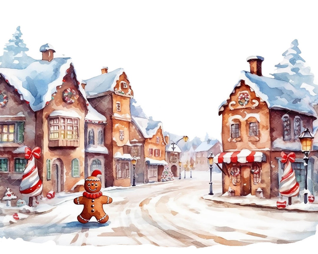 Watercolor Gingerbread Holiday Village - Festive Christmas Scene PNG ...