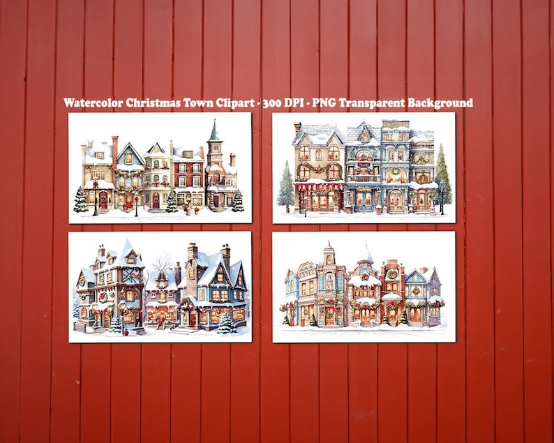 Watercolor Holiday Village Clipart, Christmas Town Snow Scene, Winter ...