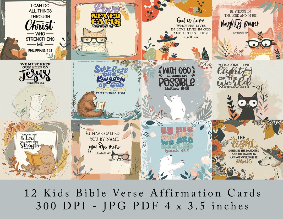 Printable Inspiring Bible Affirmation Cards for Kids With Memory Verses ...