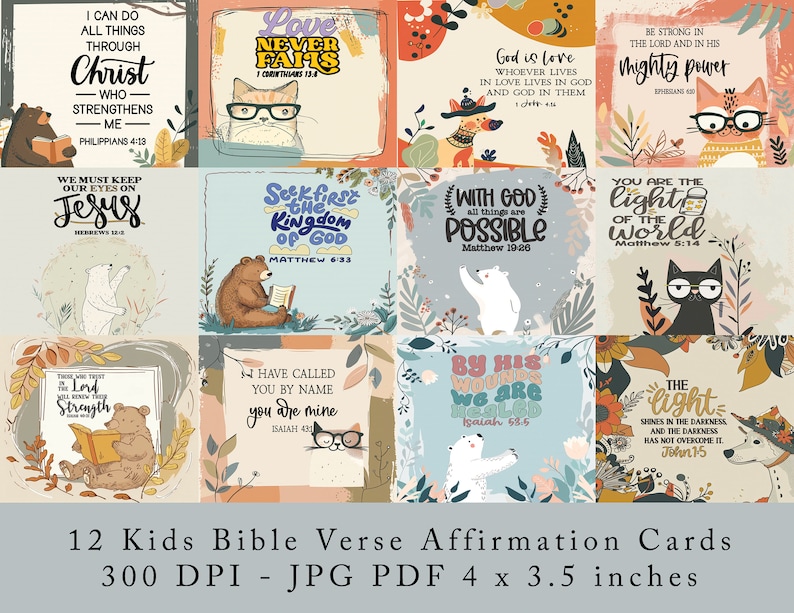 Printable Inspiring Bible Affirmation Cards for Kids With Memory Verses ...