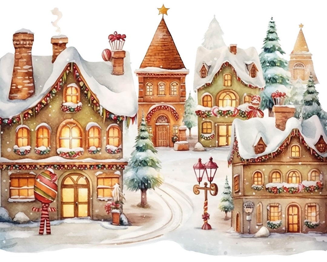 Watercolor Festive Gingerbread Village Scene Clipart PNG for Holiday ...