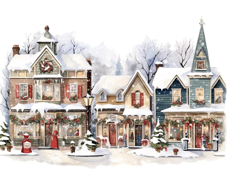 Festive Watercolor Winter Village Clipart: Snow-covered Cottages for ...