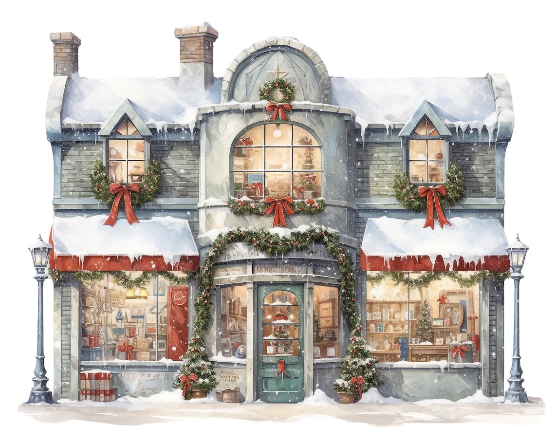 Watercolor Holiday Village PNG, Christmas Town Snow Scene, Winter ...