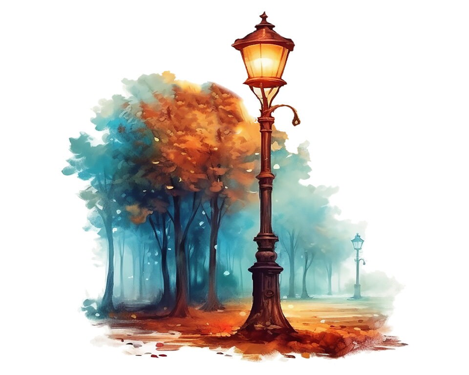 Vintage Watercolor Victorian Lamp Post With Bench Clipart - Fall Scene ...