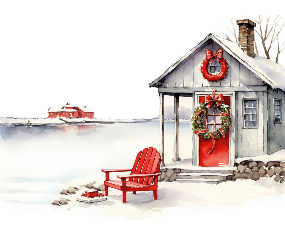 Watercolor Lake House Clipart Christmas Lake Cottage Clipart, Winter ...