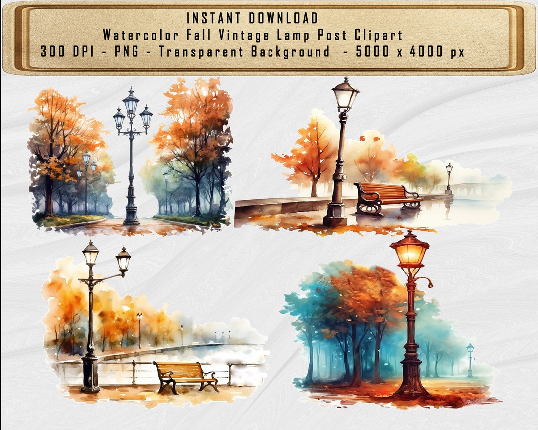 Vintage Watercolor Victorian Lamp Post With Bench Clipart - Fall Scene ...