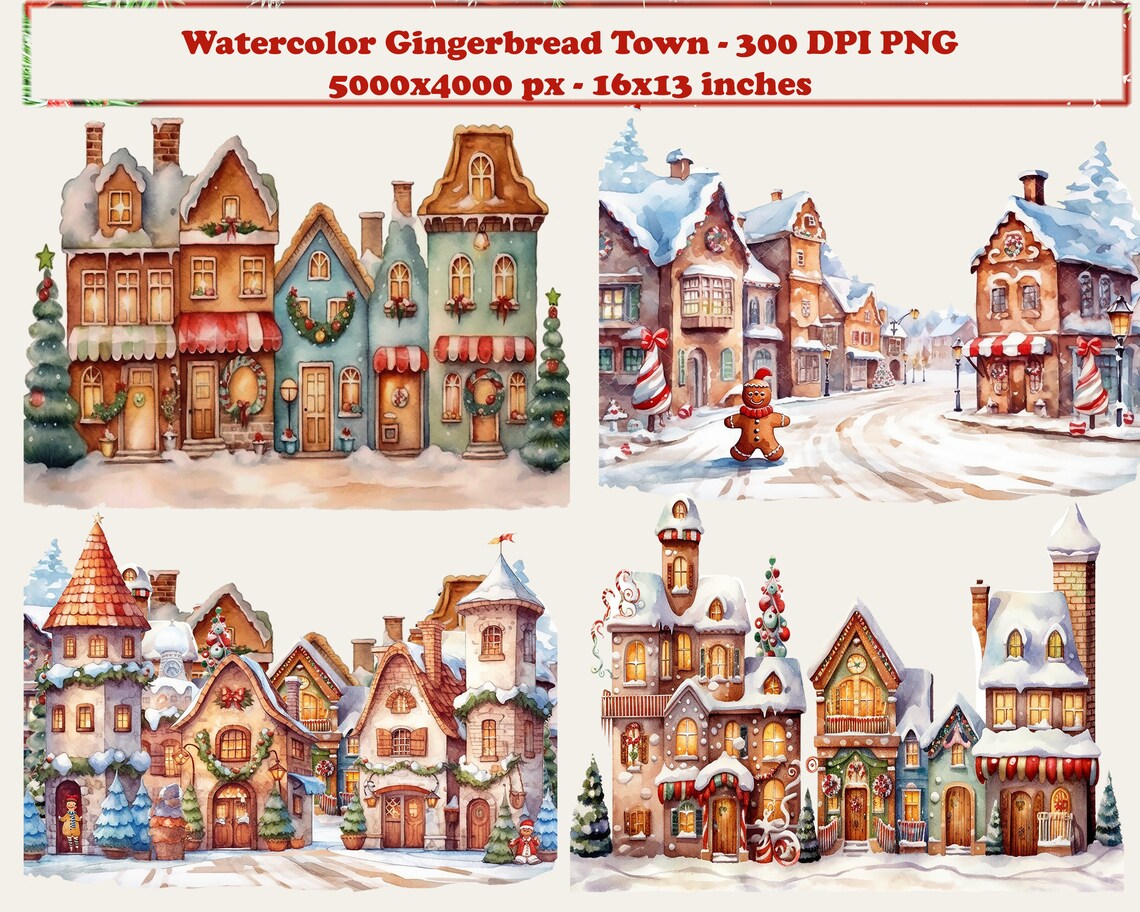 Watercolor Gingerbread Holiday Village - Festive Christmas Scene PNG ...