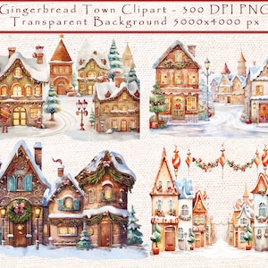 Watercolor Festive Gingerbread Village Scene Clipart PNG for Holiday ...