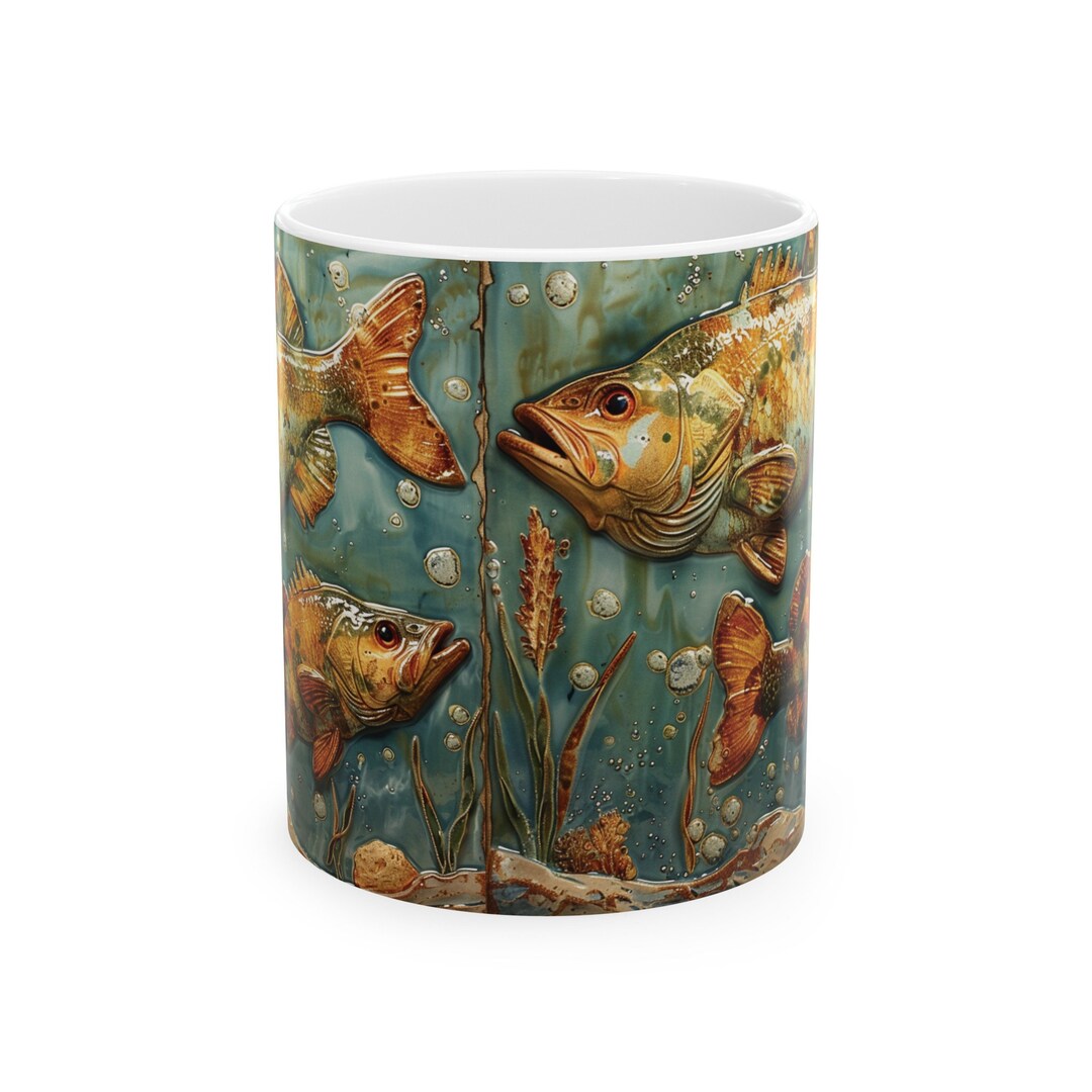 Underwater Fish Art Mug, Muskie Bluegill Walleye Design, Sea Green ...