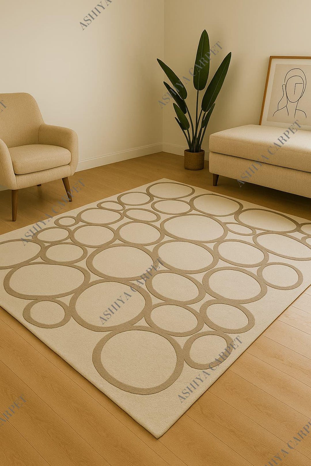 Hand Tufted Beige Bubble Circle Area Rug – Modern Neutral Wool Carpet ...