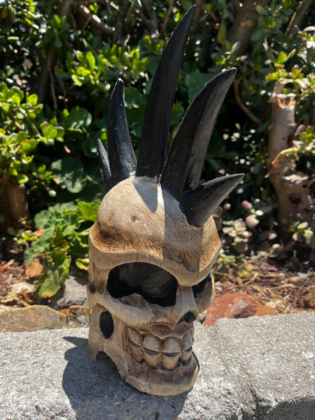 Hand Carved Wooden Skeleton Skull With Mohawk Sculpture From Bali ...