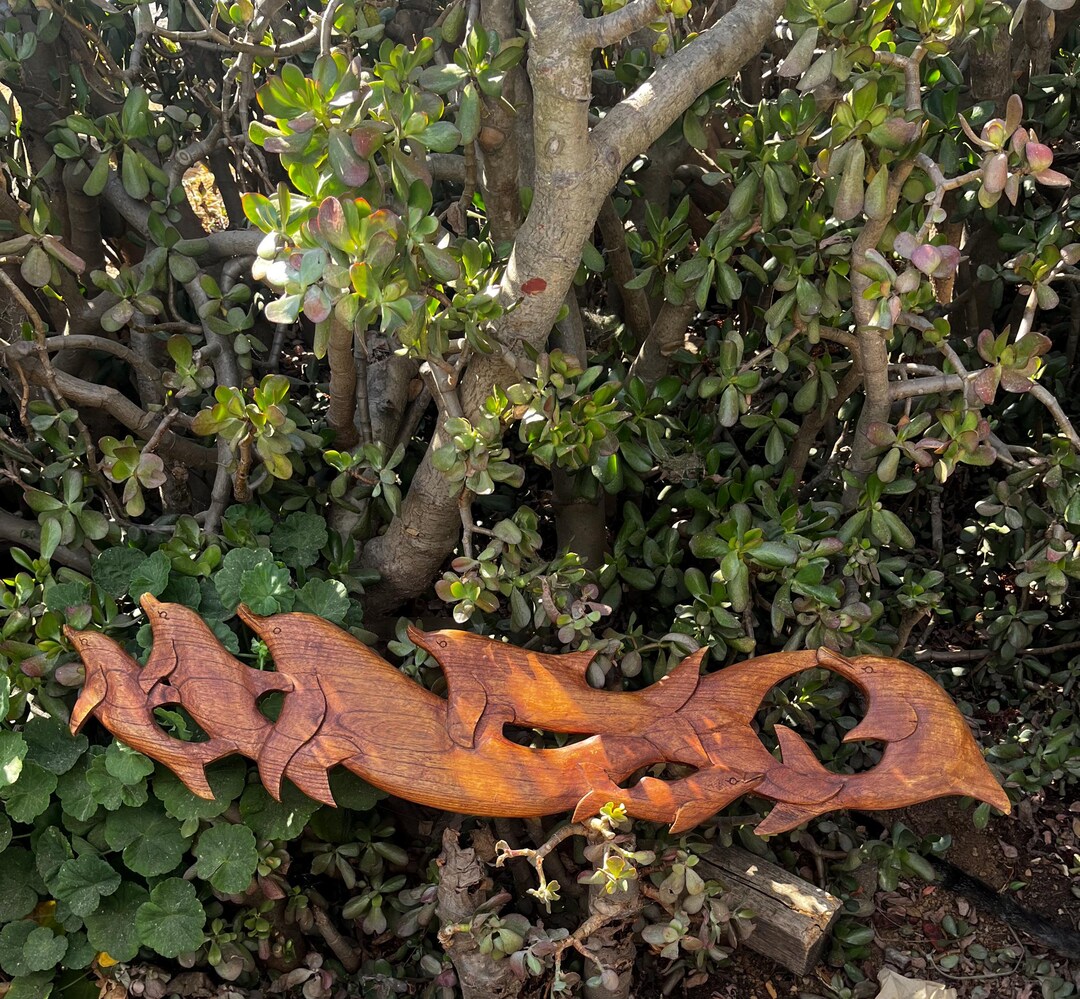Tropical Hand Carved Wooden Dolphin Pod Family Swimming the Ocean Wall ...