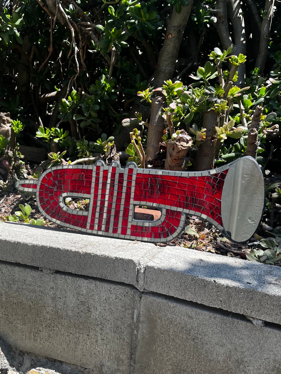 Hand Carved Wooden Red Music Trumpet Instrument Mirror Wall Hanging ...