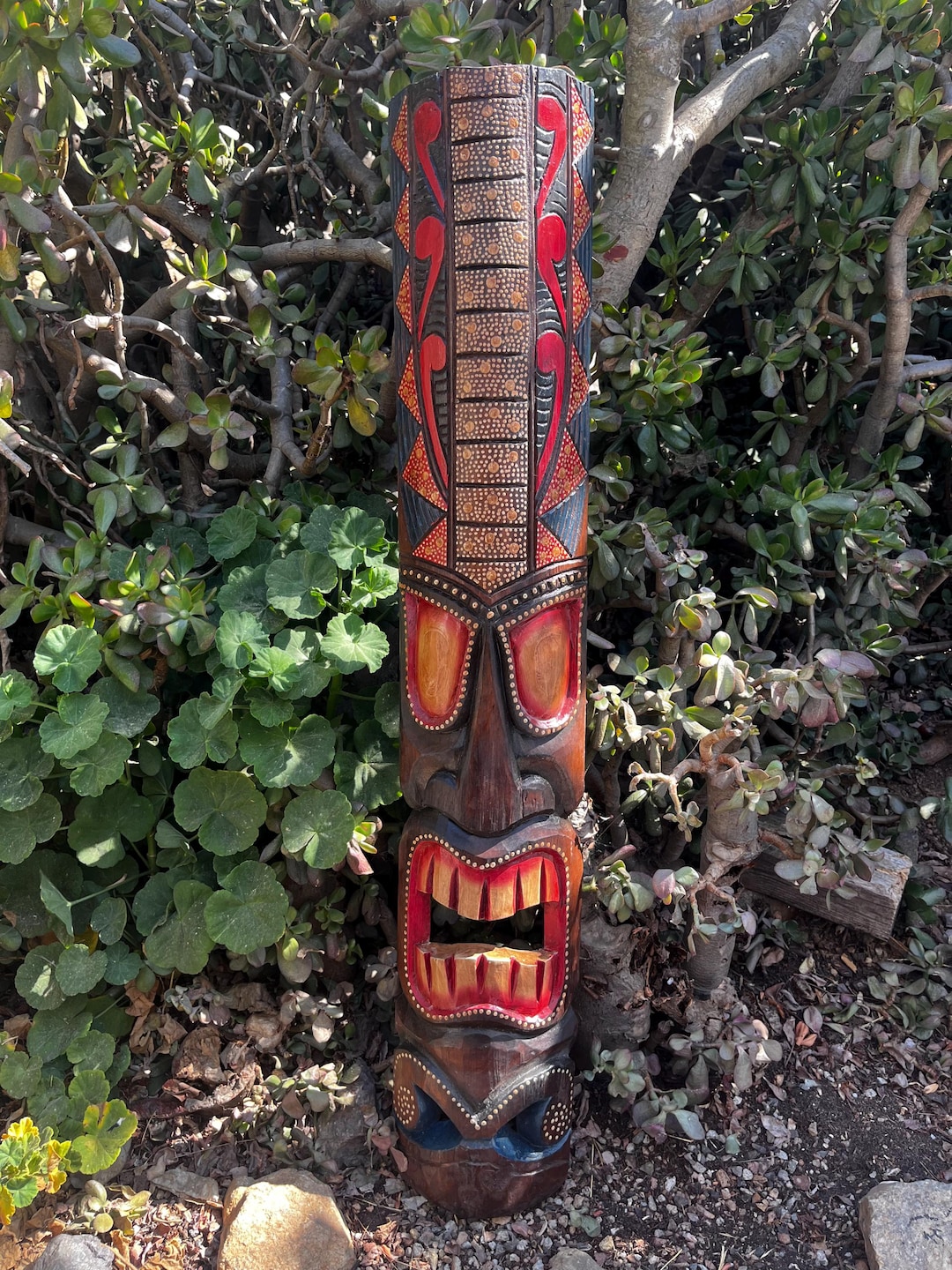 Hand Carved Painted Wooden Tiki Totem Pole Mask With Dot Art Wall ...
