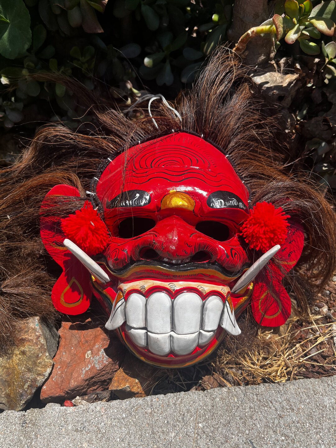 Hand-carved Painted Wooden Tiki Barong Mask With Hair & Teeth ...