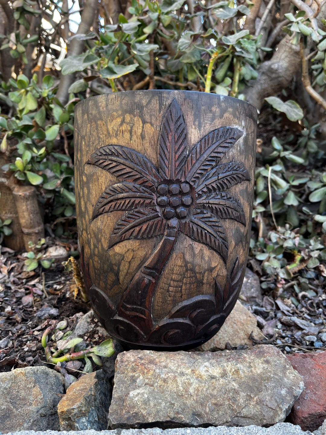 Tropical Hand Carved Wooden Palm Tree Jungle Flower Plant Pot Holder ...