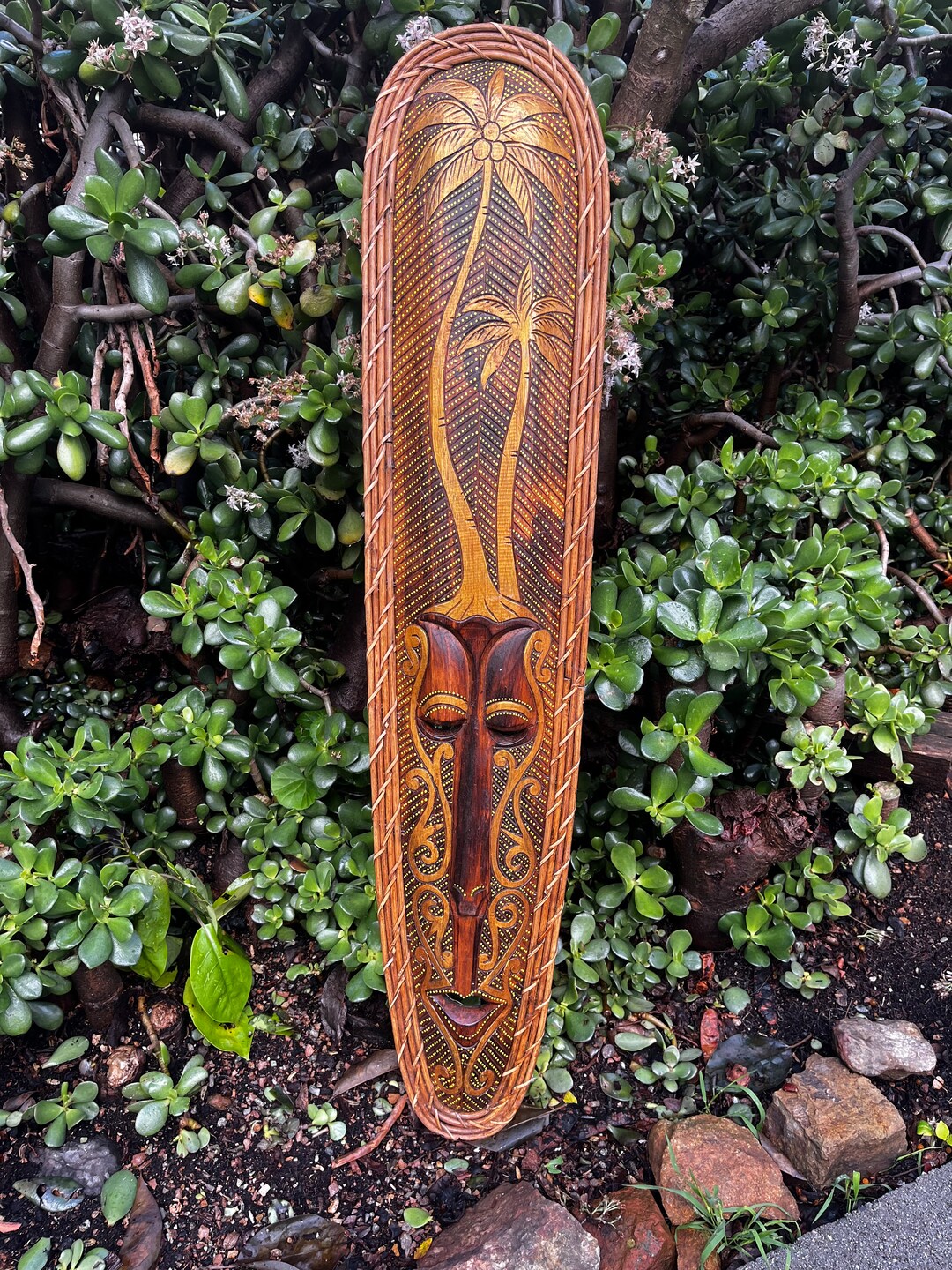 Hand Carved Wooden Tropical Dot Art Tribal Palm Tree Framed With Vines ...