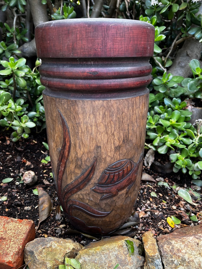 Hand Carved Wooden Sea Life Sea Turtle Vase From Bali-17.5x8.5 Inches ...