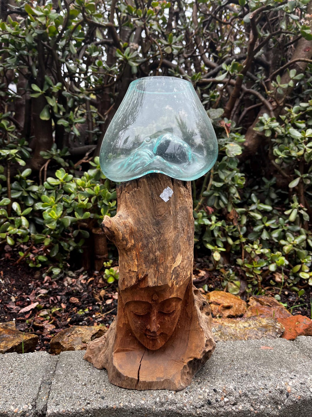 Hand-carved Wooden Buddha Tree Stump Sculpture With Molten Blown Glass ...