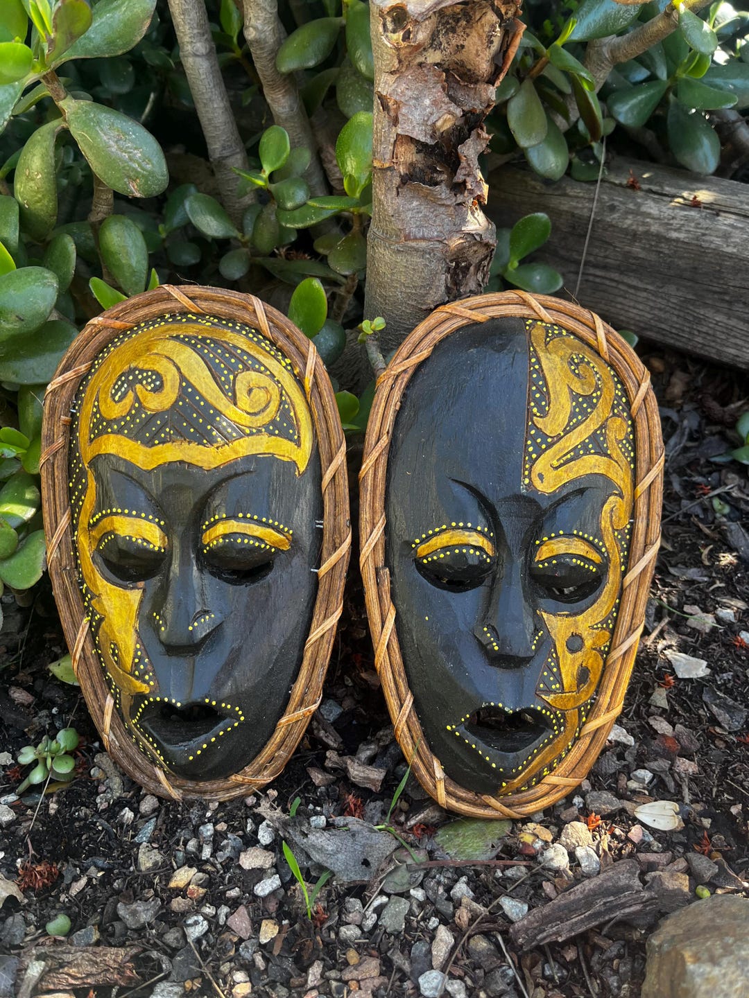 Handcrafted Wooden Black & Gold Dot Art Tribal Tiki Masks – Unique Home ...