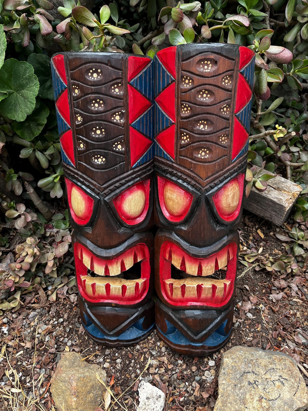 Hand Carved Wooden Painted Wooden Half Tiki Mask Wall Hangings Set of 2 ...