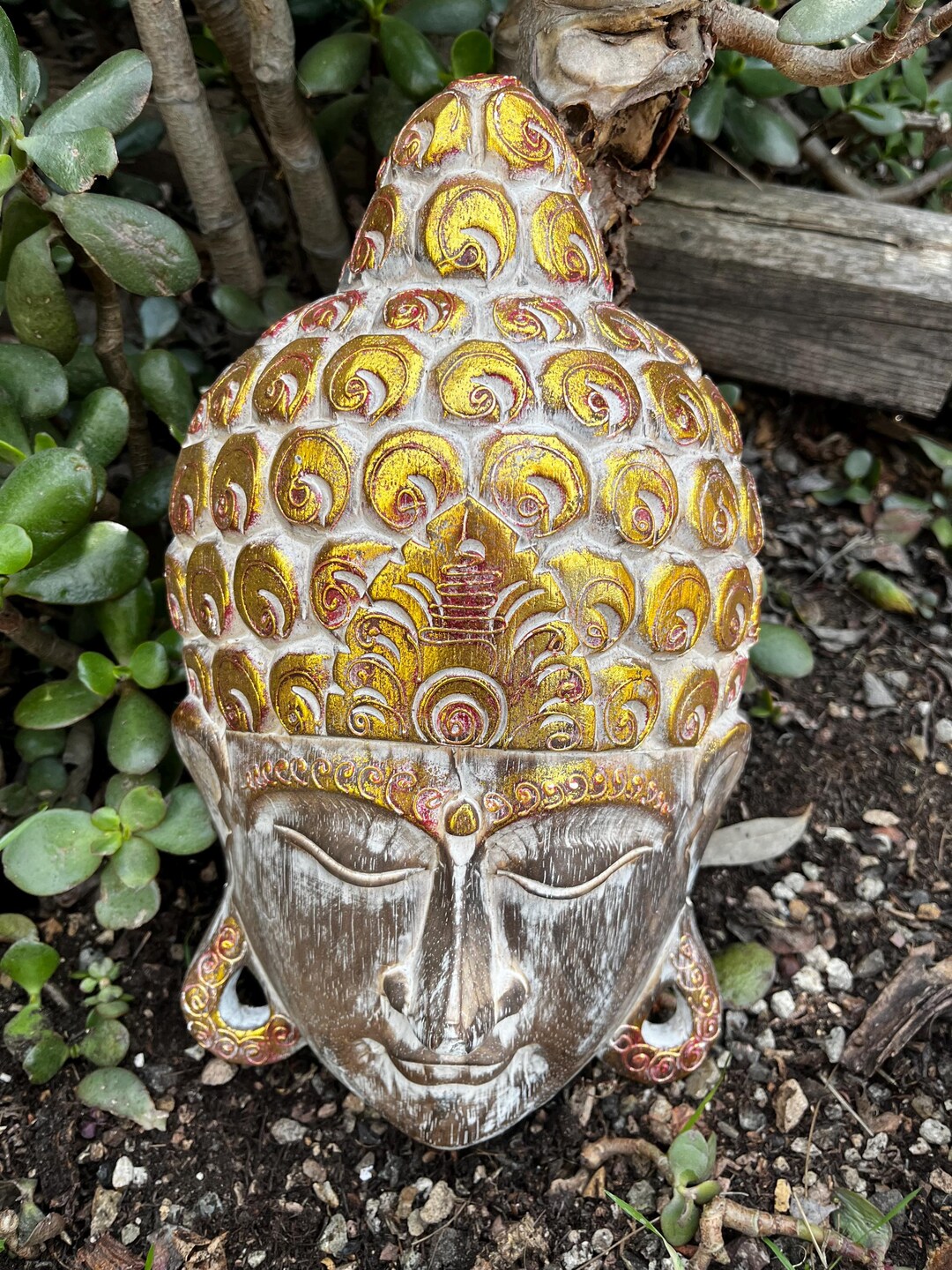 Hand Carved Painted Wooden Gray/gold Buddha Face Mask Wall Hanging From ...