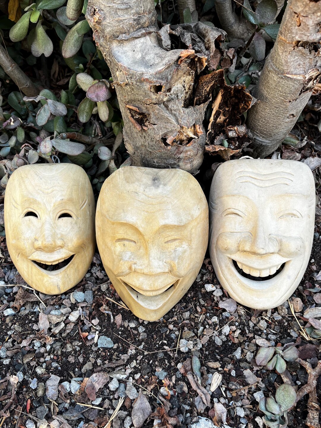Hand Carved Wooden Tragedy Happy Smiling Sad Frown Face Mask Wall Decor ...