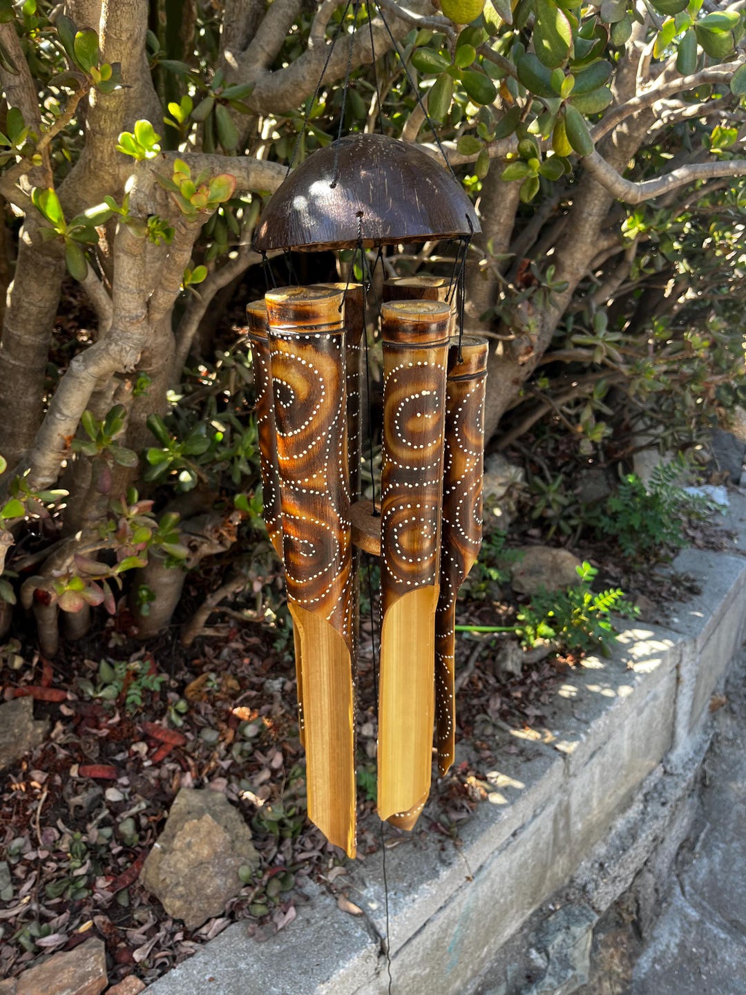 Hand Carved Bamboo Coconut Dot Art Windchime From Bali-40x7 Inches - Etsy