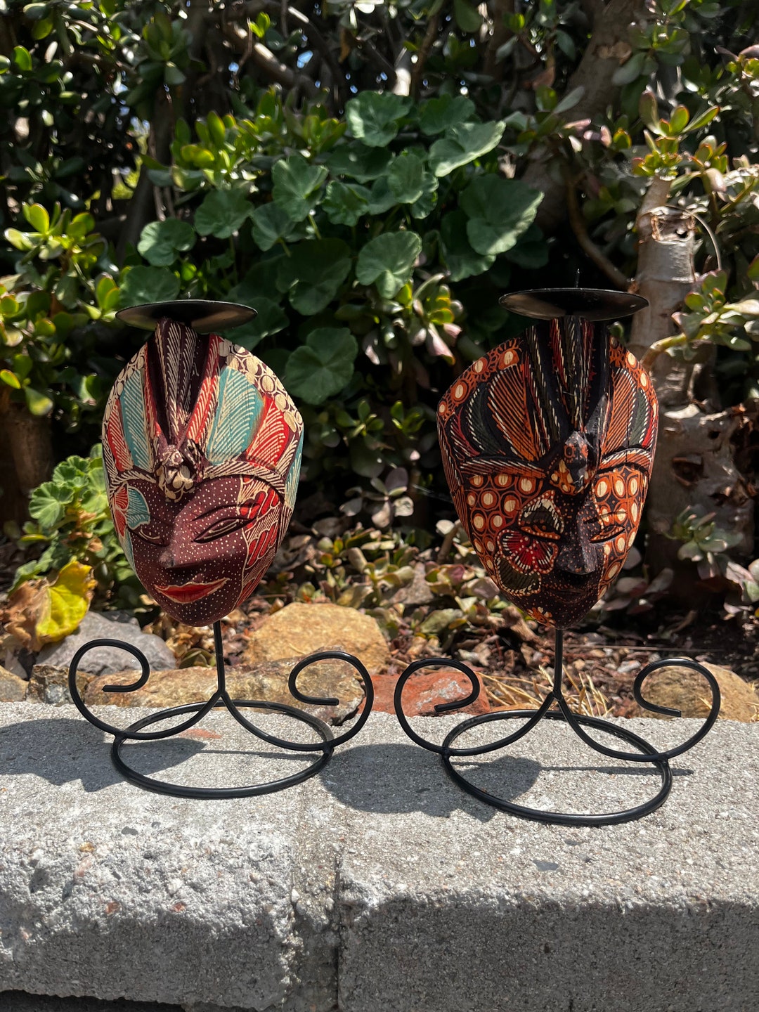 Handmade Painted Wooden Aztec Tribal Candle Holders Set of 2 From Bali ...