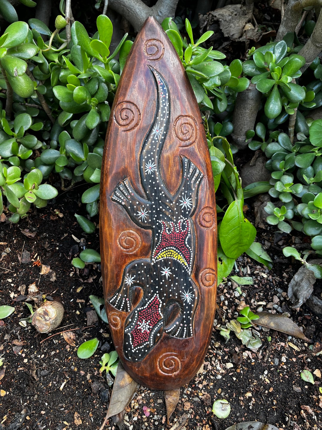 Hand Carved Wooden Dot Art Lizard Surfboard Wall Hanging From Bali-20x6 ...
