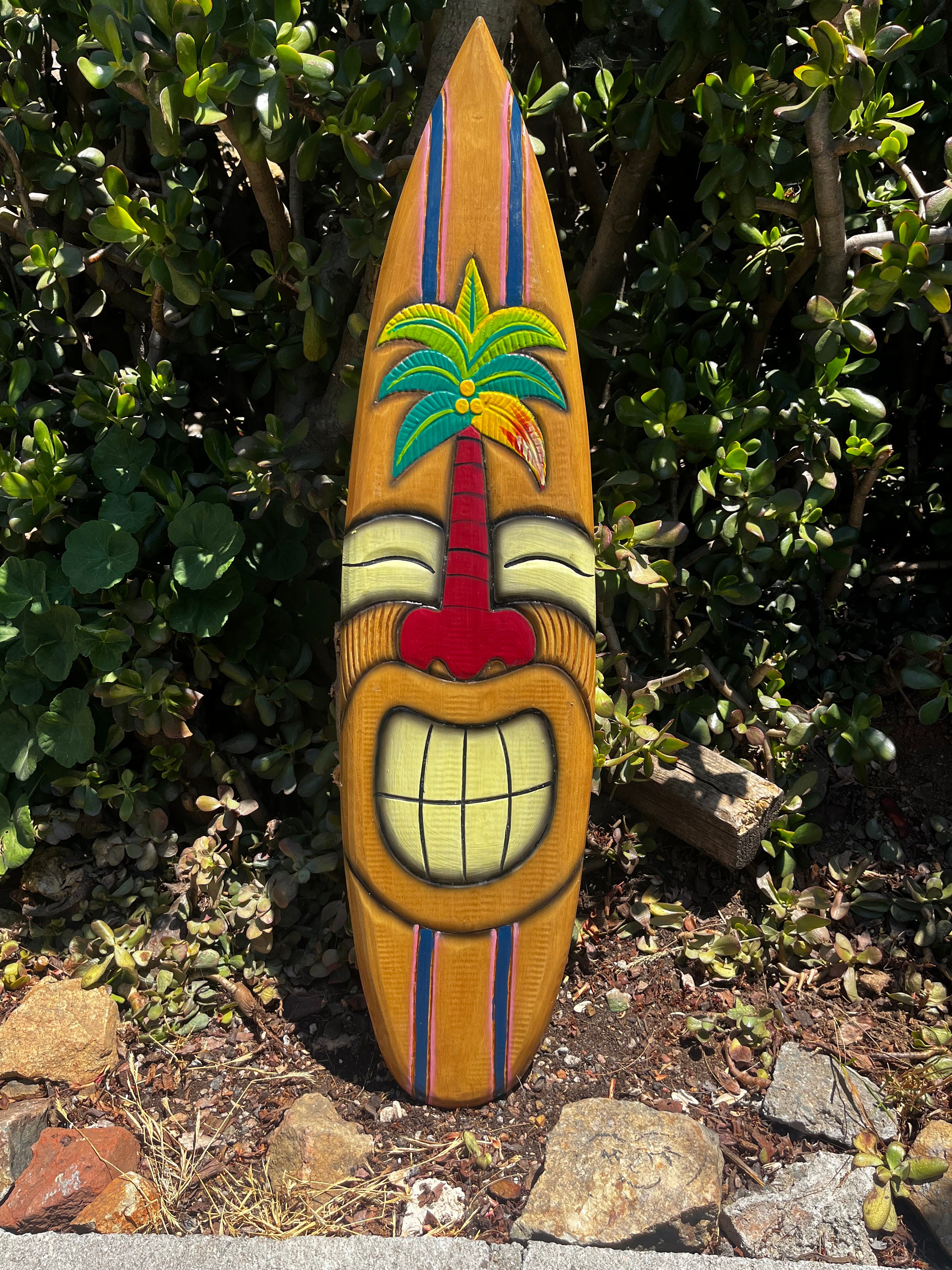 Hand-carved Smiling Wooden Tiki Bar Hand-made Surfboard Wall Hanging ...