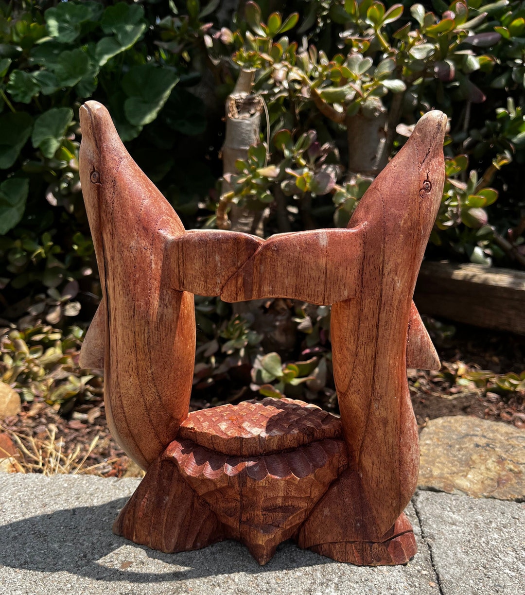 Hand Carved Wooden Dolphins Hugging Bottle Holder From Bali-10x9 Inches ...