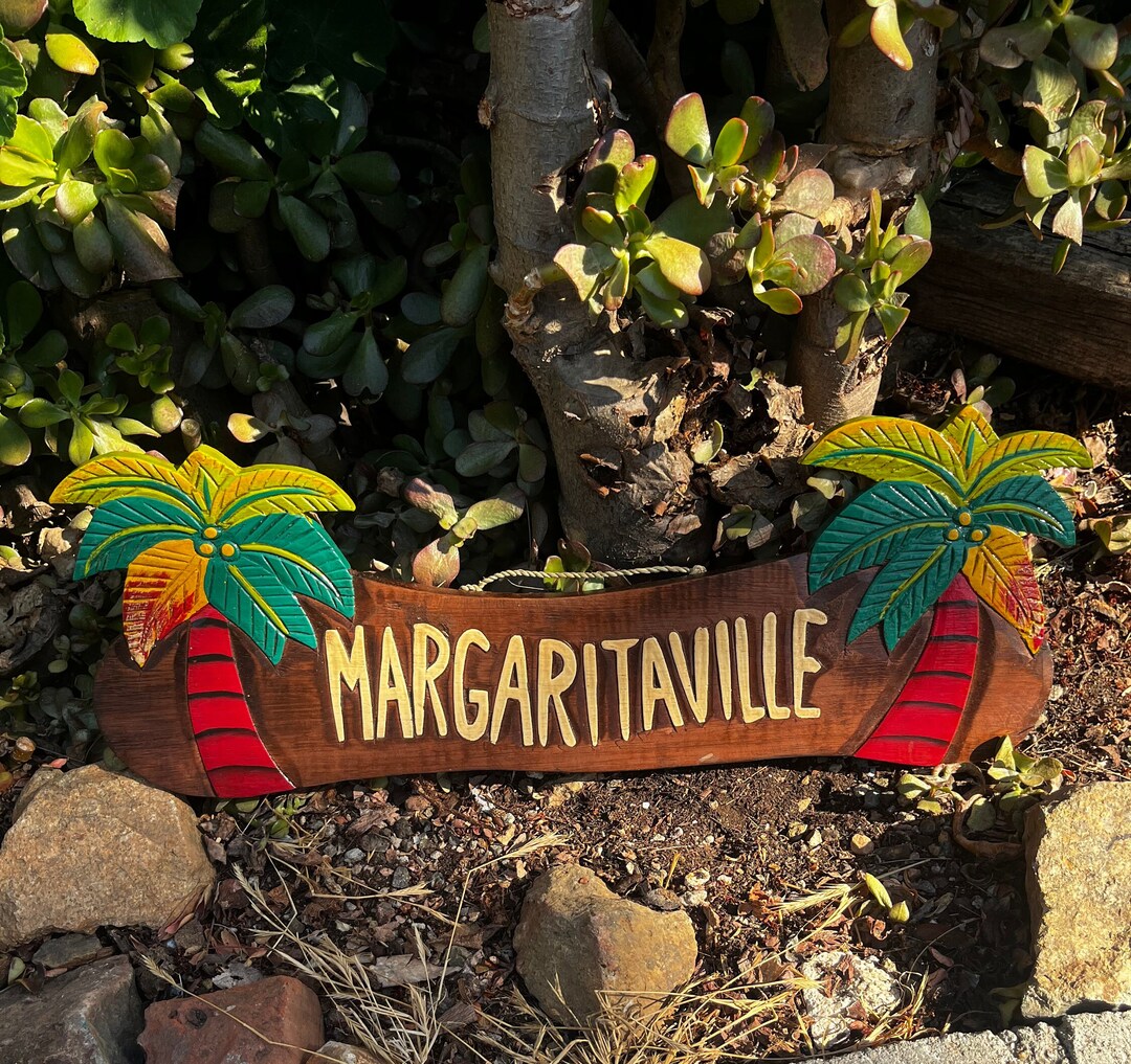 Hand Carved Wooden 'margaritaville' Sign With Palm Trees Wall Hanging ...