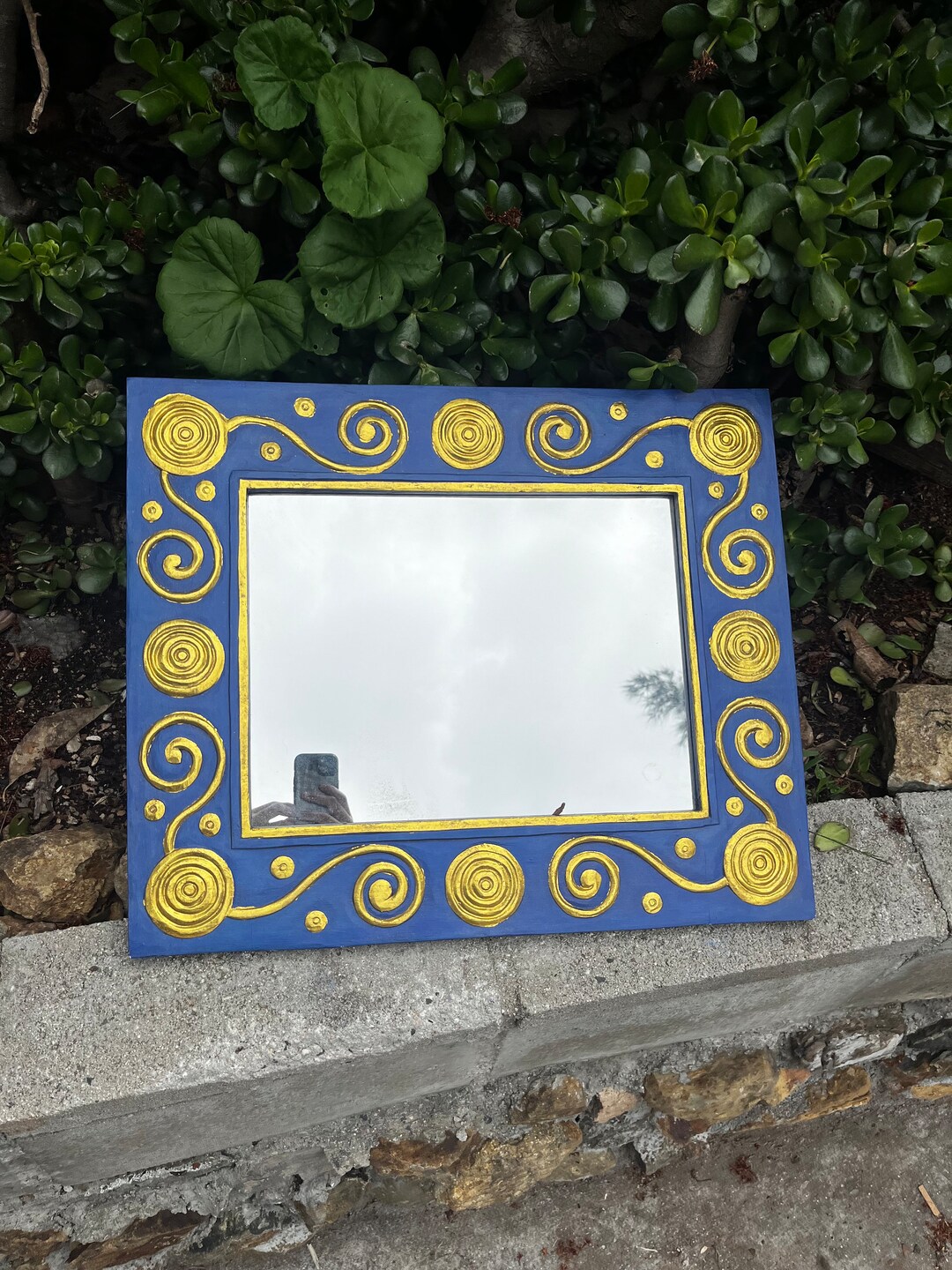 Vintage African Style Hand Carved Wooden Blue and Gold Mirror Wall ...