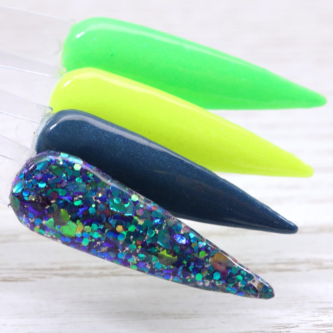 Sapphire Sky Collection Dip Powder, Blue Glitter, Neon Green and Yellow ...