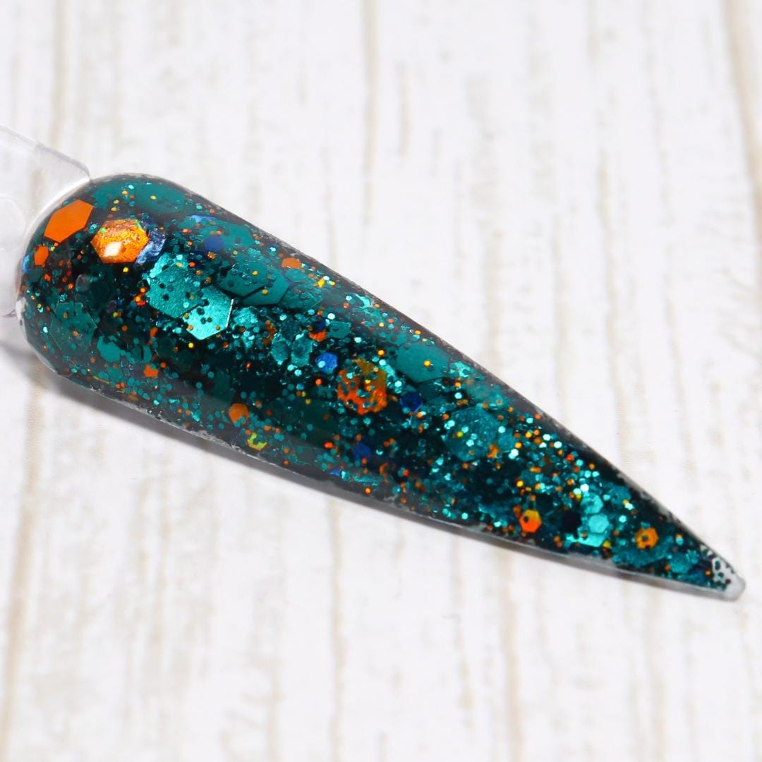 Deep Timber Dip Powder – Teal Green & Orange Glitter Nail Dipping ...