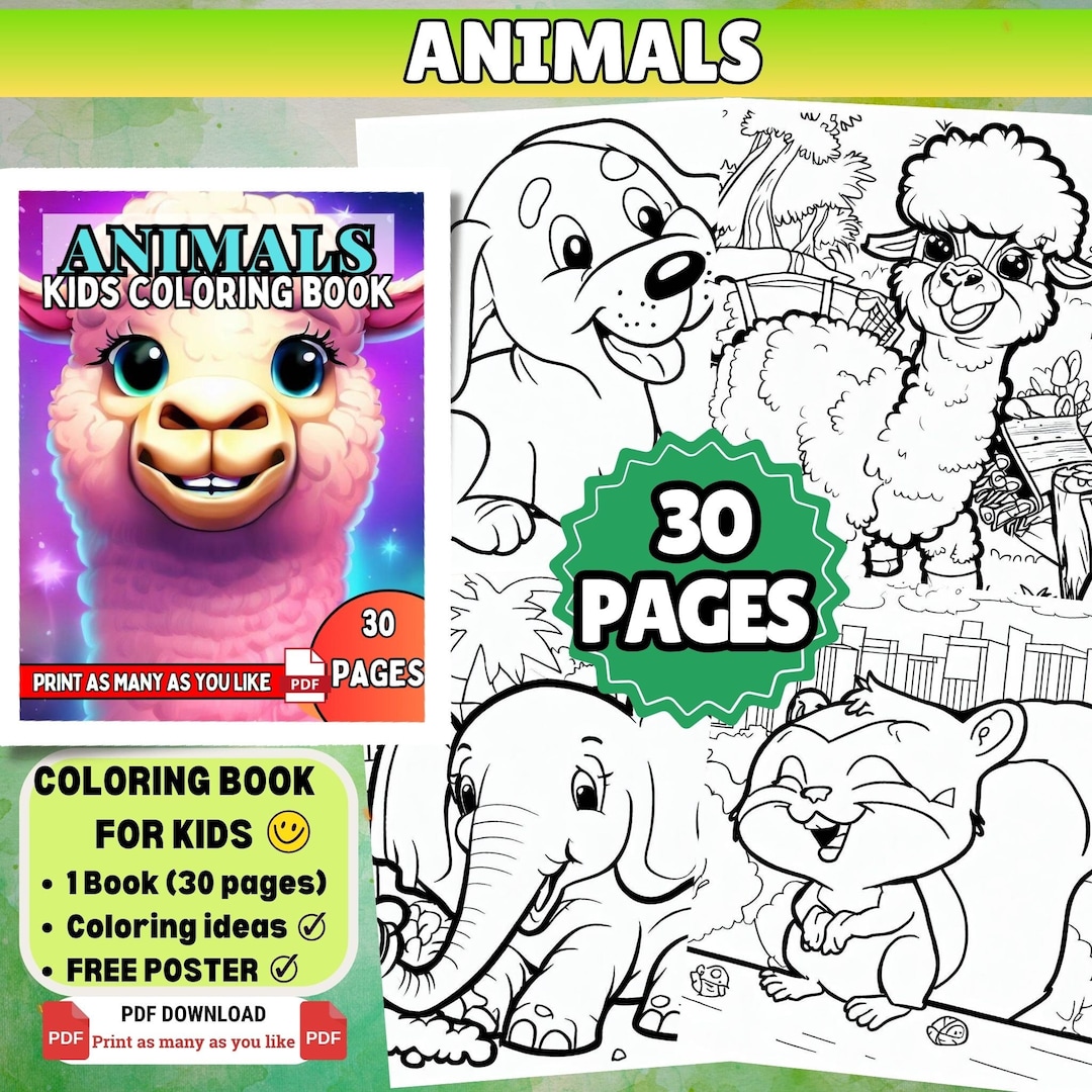 V1 30 Cute Animal Coloring Book Pages Printable Instant - Etsy