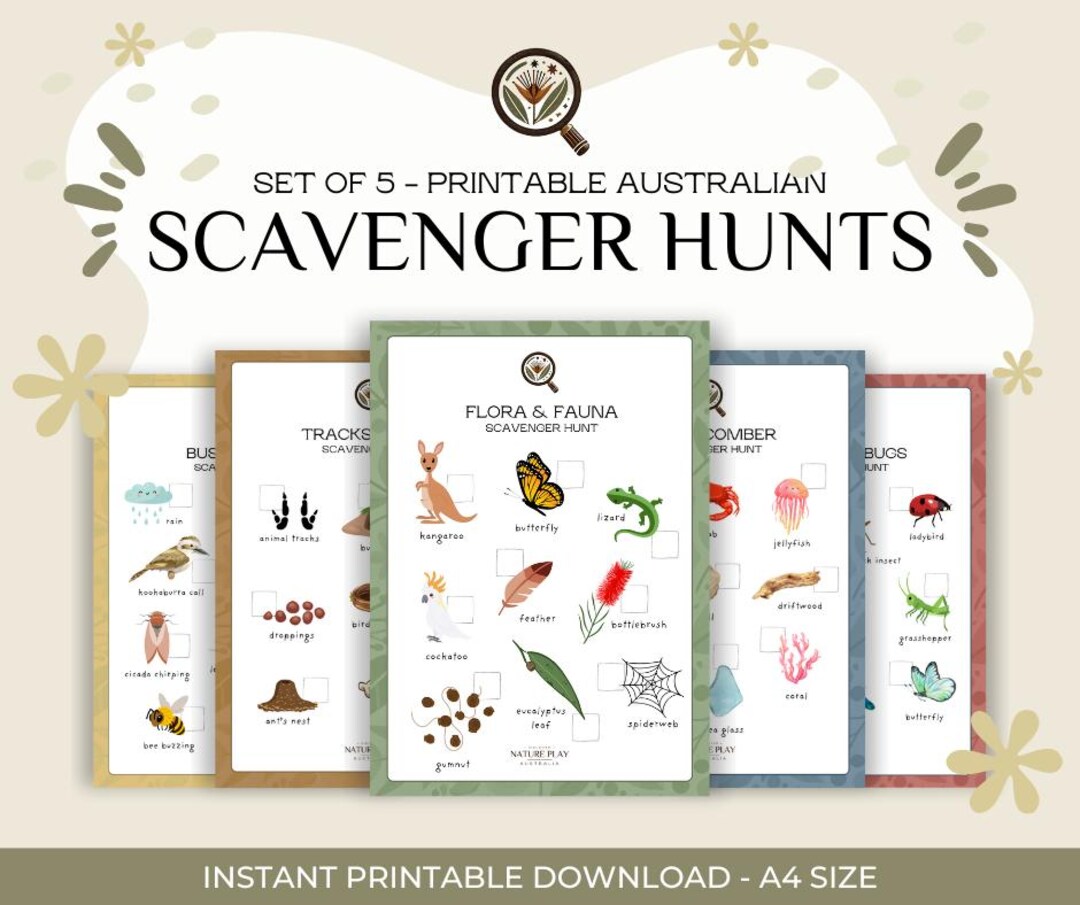 Set of 5 Printable Australian Scavenger Hunts for Kids | Nature Play ...