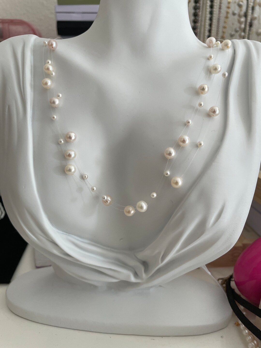 Floating Tin-cup Invisible String 3-6mm Pearl Necklace | Bridal Jewelry ...