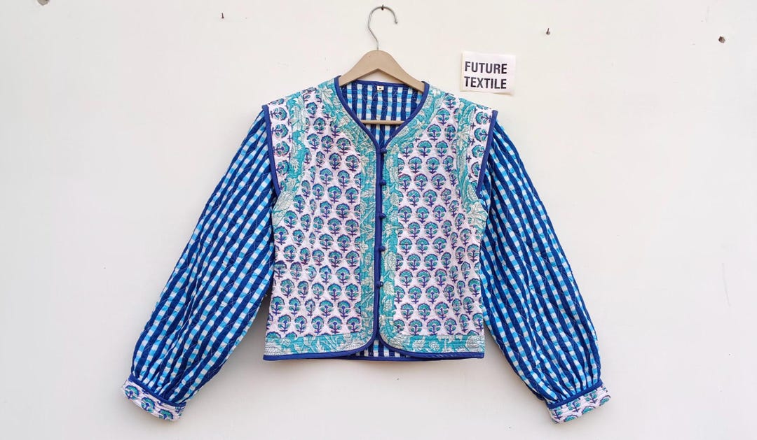 Hand Block Print Quilted Jacket: Indian Short Kimono, White Flower Coat ...