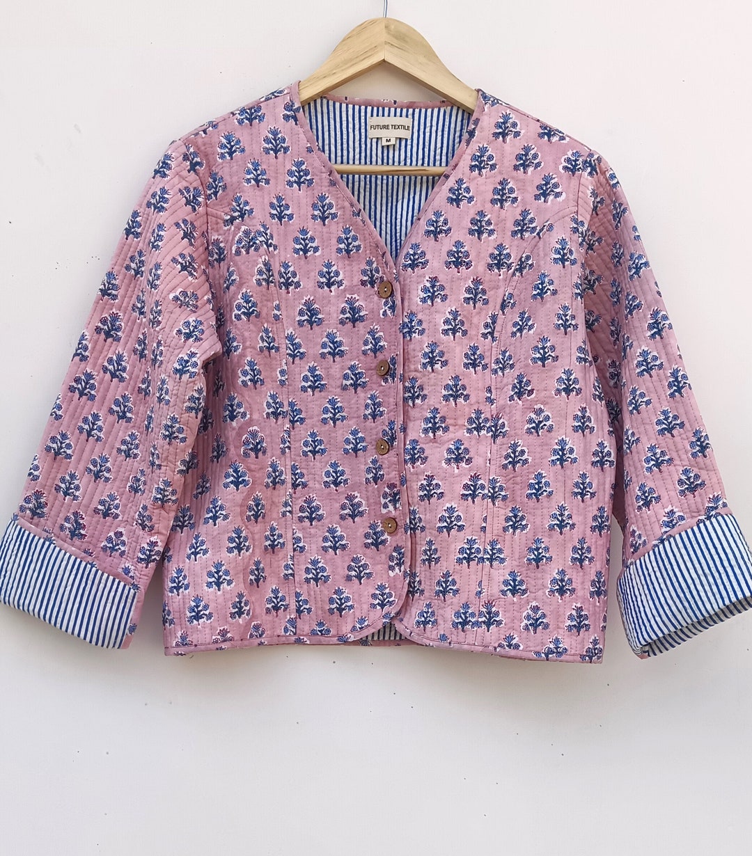Hand Block Print Quilted Jacket: Pink Floral Kimono Coat - Etsy