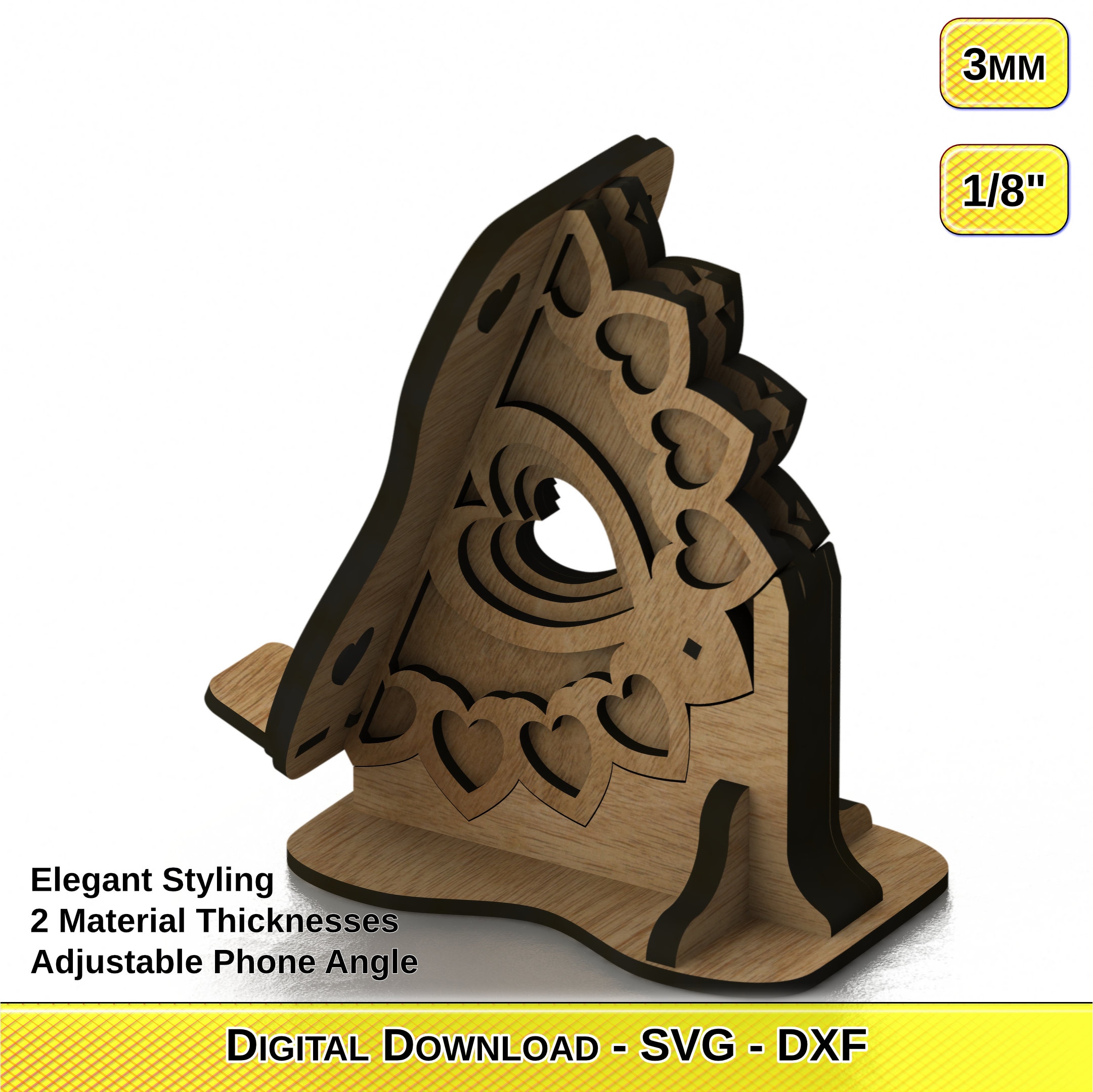 Laser Cut Love Themed Phone Stand Files - Adjustable Angle - 2 Material ...