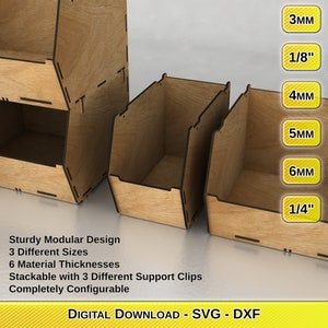 Laser Cut Modular Storage Bin Design Files - 6 Material Thicknesses - 3 ...