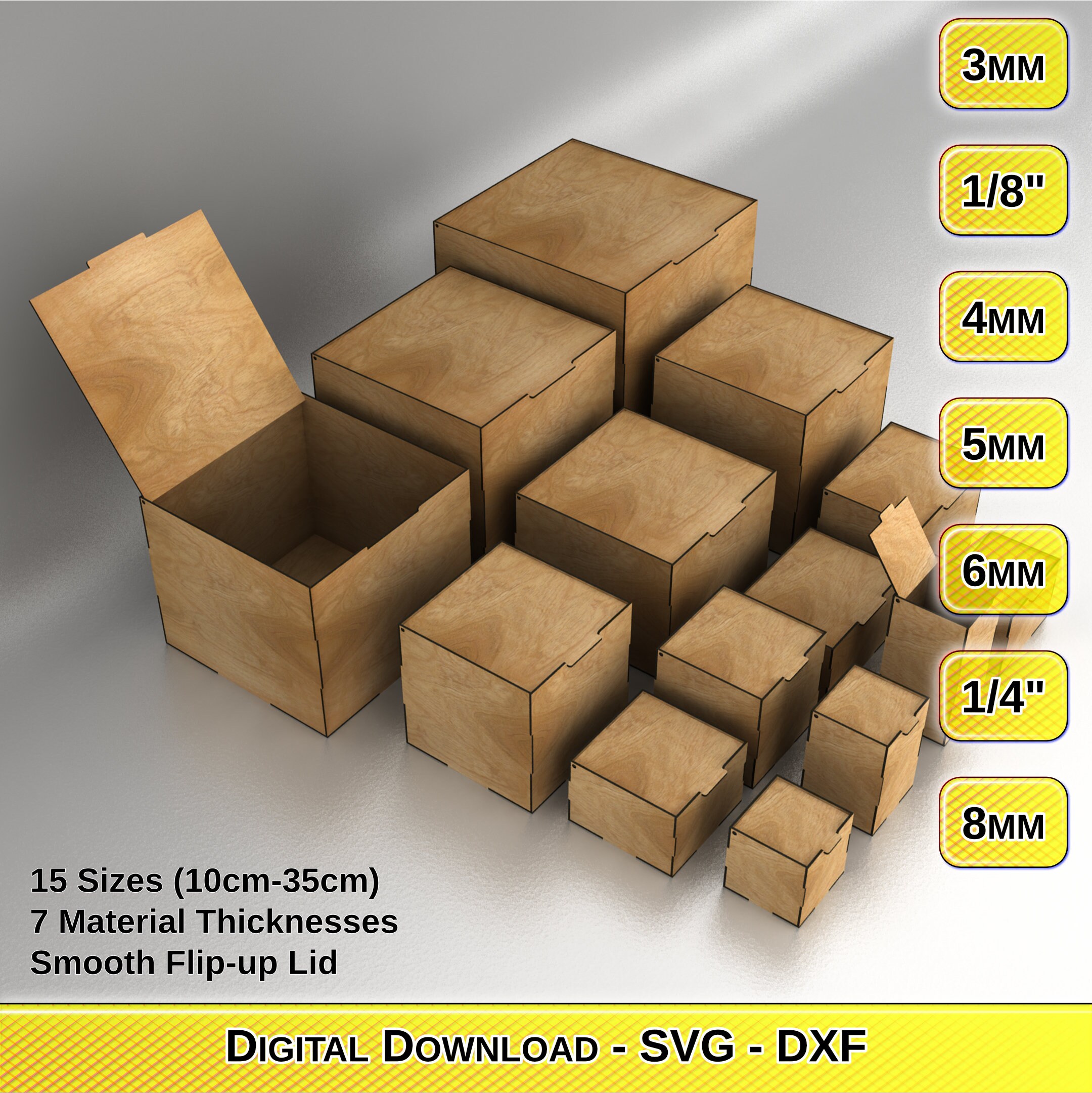 Laser Cut Storage Box Design Files: Flip Lid, 15 Sizes (digital ...