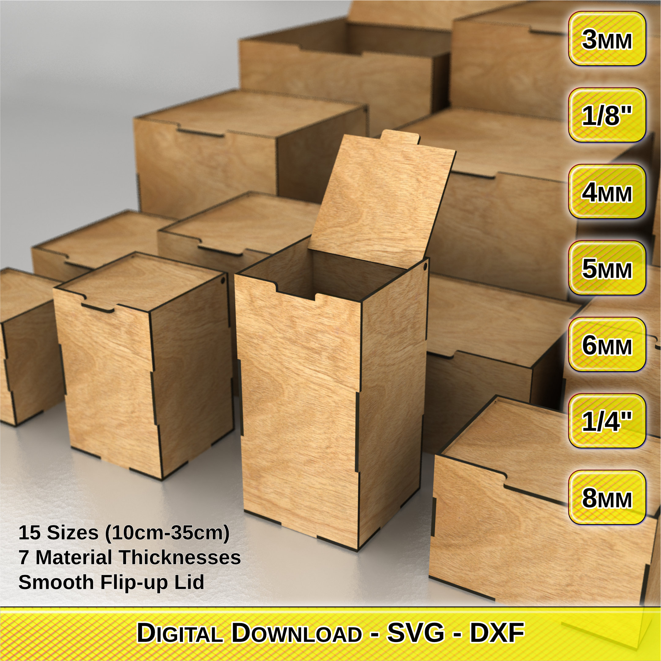 Laser Cut Storage Box With Flip Lid Design Files 15 Different Sizes 7 ...