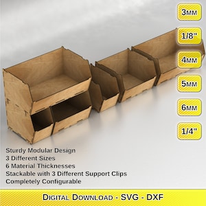 Laser Cut Modular Storage Bin Design Files - 6 Material Thicknesses - 3 ...